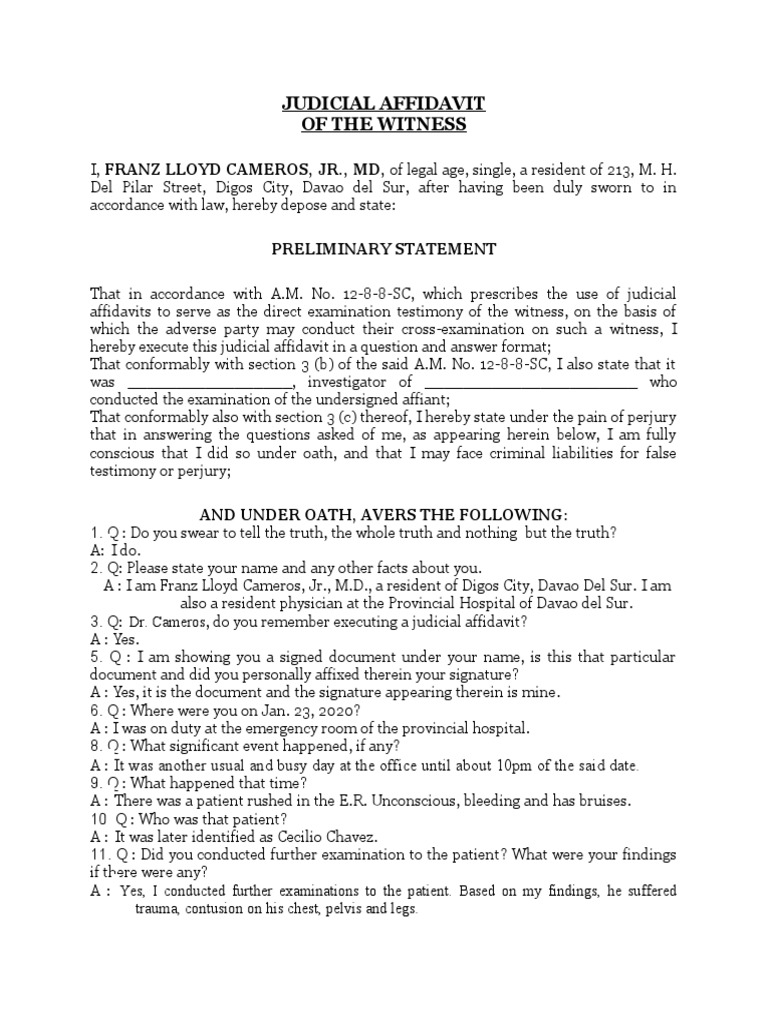 Judicial Affidavit of The Witness: Preliminary Statement | PDF | Affidavit | Public Law