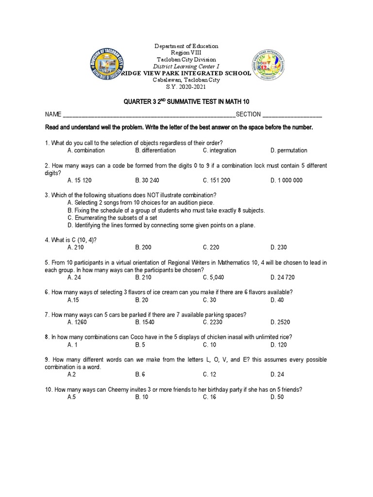 Q3 2ND Summative Test in Math 10 | PDF | Mathematics