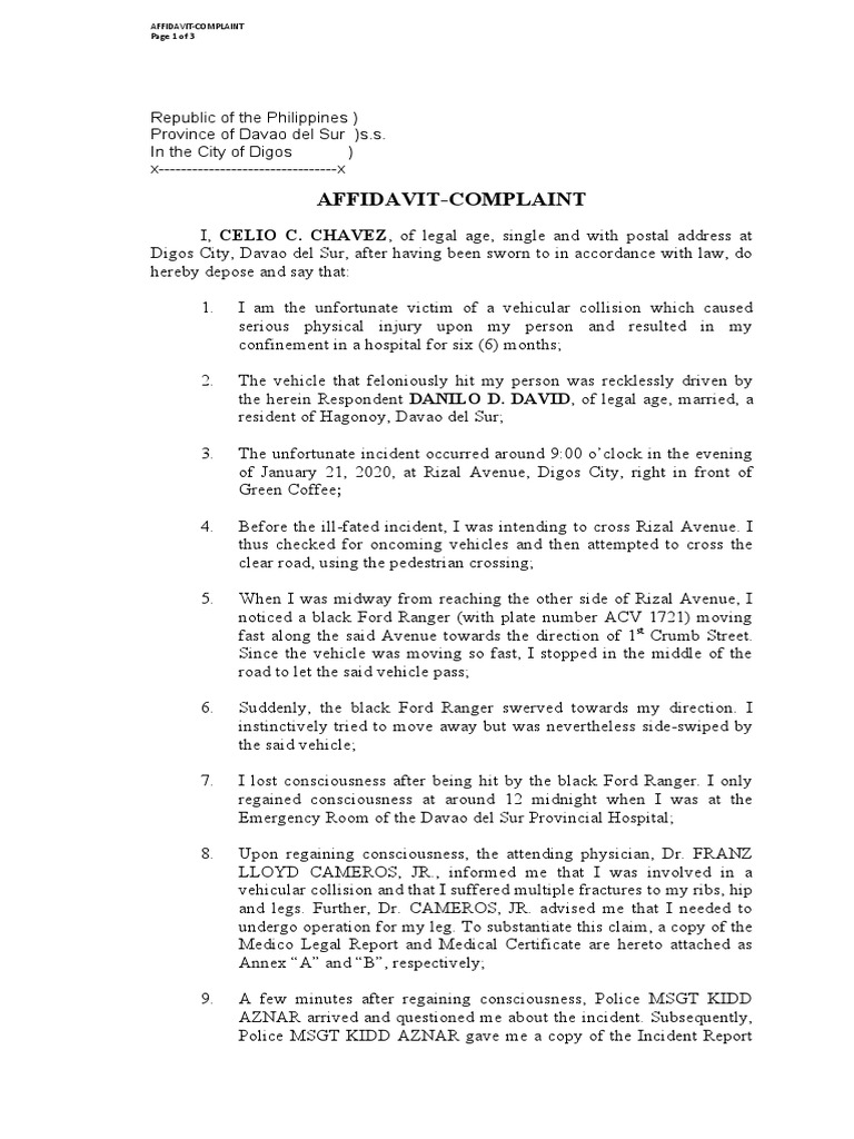 Exhibit B Affidavit Complaint Reckless Imprudence Resulting To Serious ...