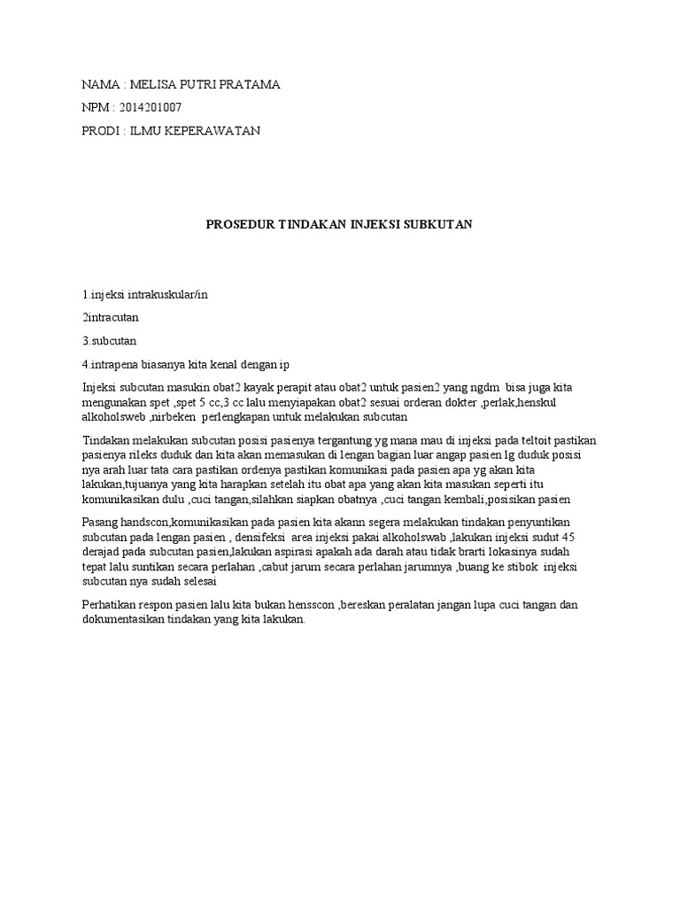 Prosedur Tindakan Injeksi Subkutan | PDF