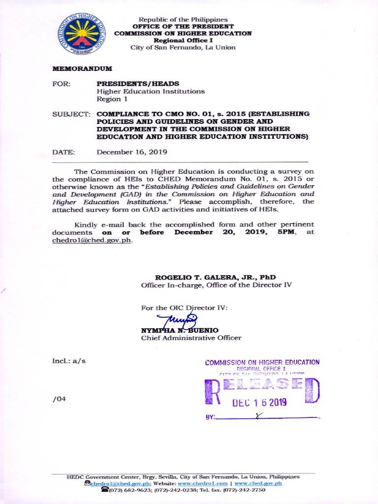MEMORANDUM - COMPLIANCE TO CMO NO. 1 S. 2015 ESTABLISHING POLICIES AND ...