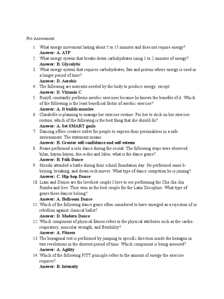PE Pre-Assessment | PDF | Aerobic Exercise | Physical Fitness