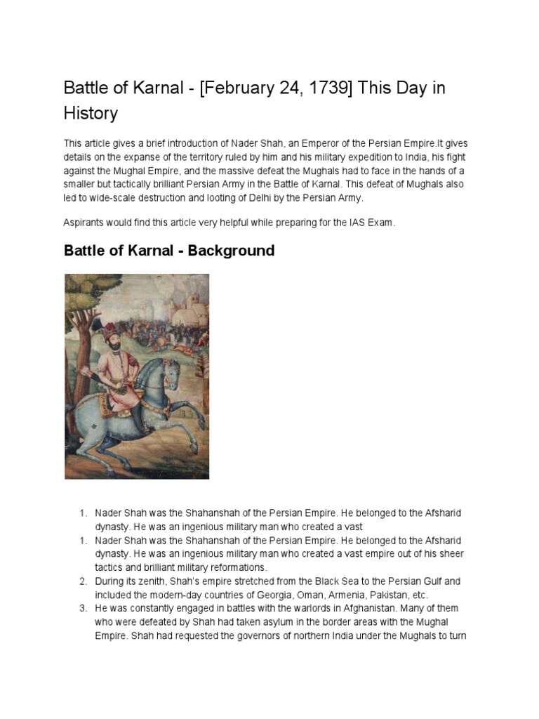 Battle of Karnal February 24 1739 This Day in History | PDF | Military