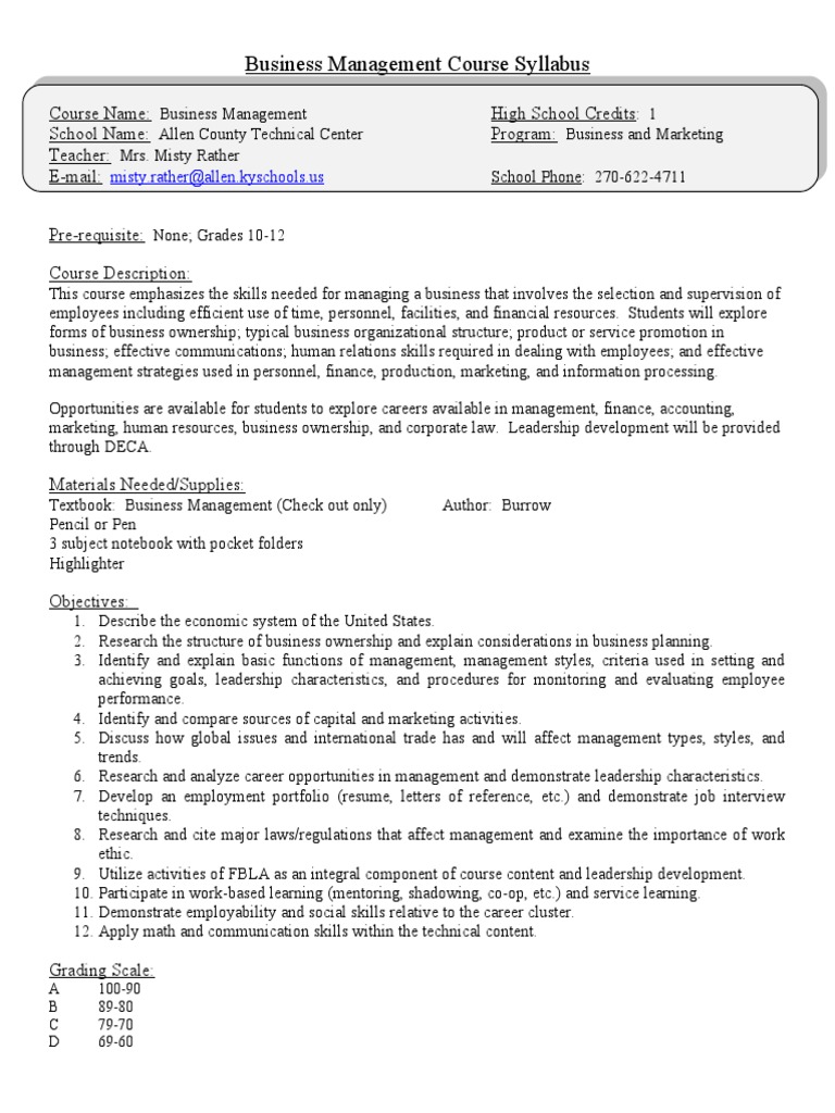Business Management Course Syllabus | PDF | Business | Employment