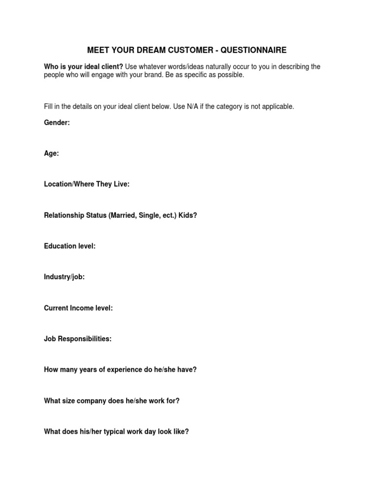 Meet Your Dream Customer - Questionnaire | PDF | Popular Culture ...