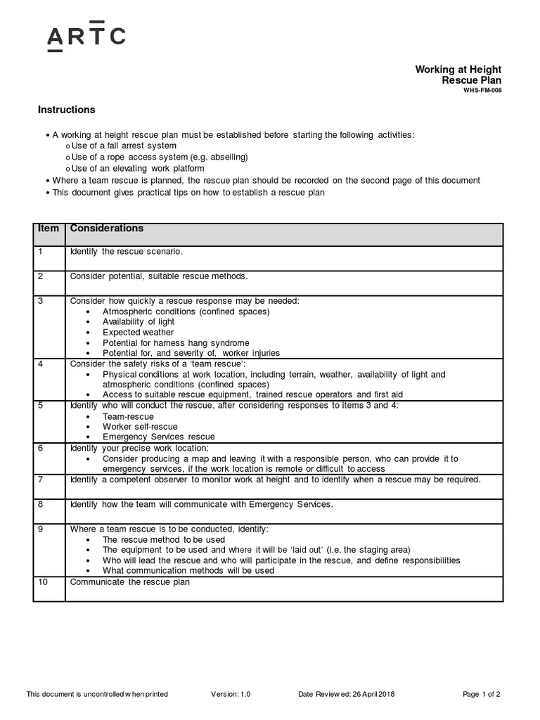 Working at Height Rescue Plan: WHS-FM-008 | PDF | Safety