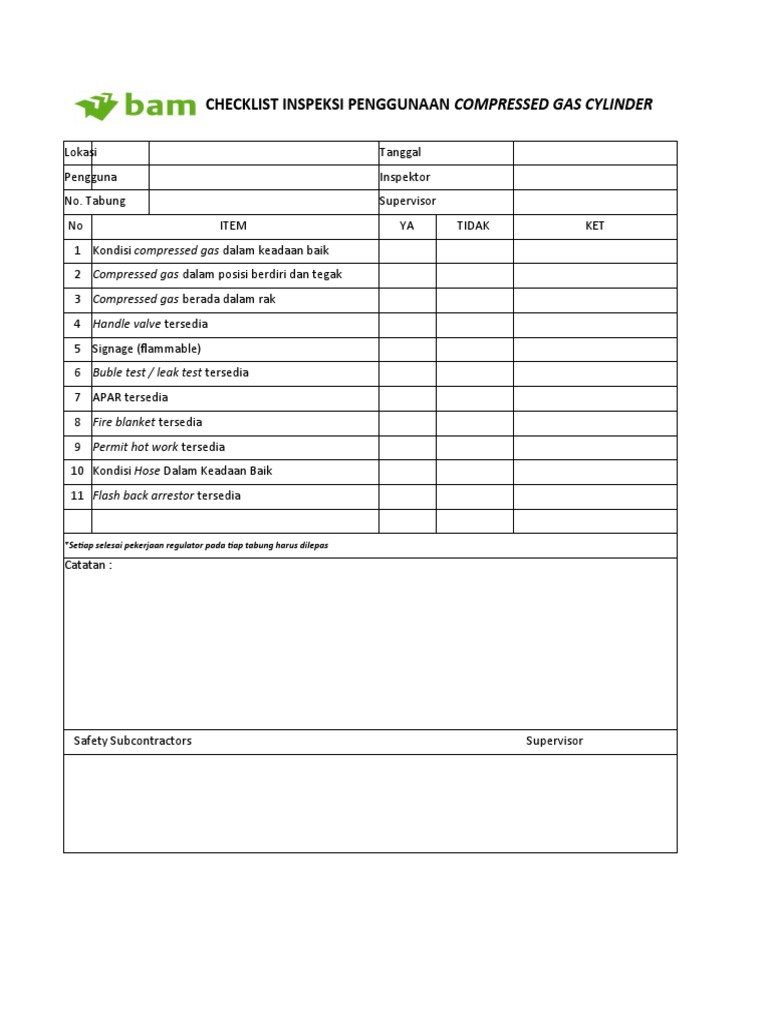 Checklist Compressed Gas Cylinder | PDF