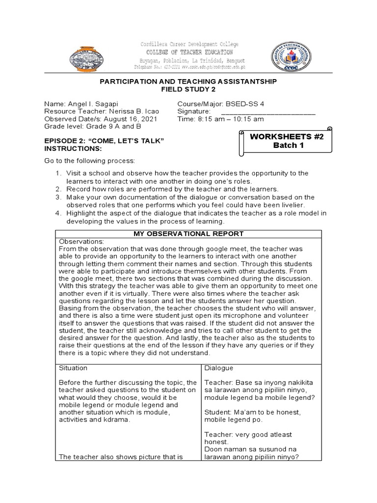 Worksheet 2 - FS 2 | PDF | Teachers | Conversation
