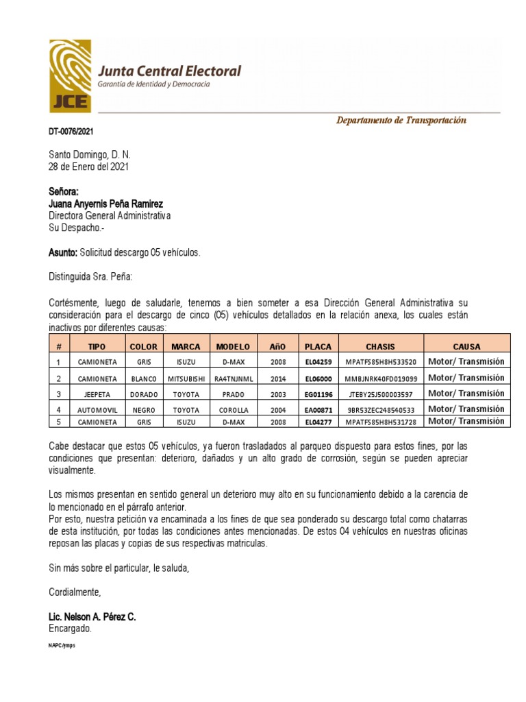 Solicitud de Descargo 5 Vehiculos, 15-01-2021 | PDF | Tecnología