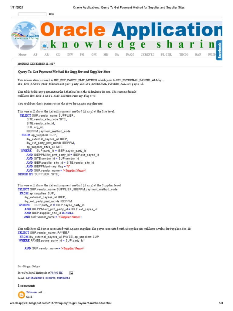 Supplier Payment Method Queries in Oracle | PDF | Computing | Software