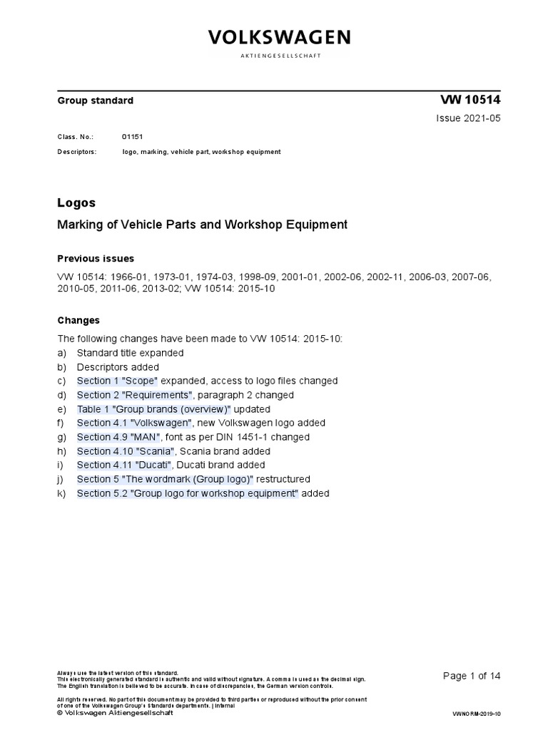 Marking of Vehicle Parts and Workshop Equipment: Group Standard ...