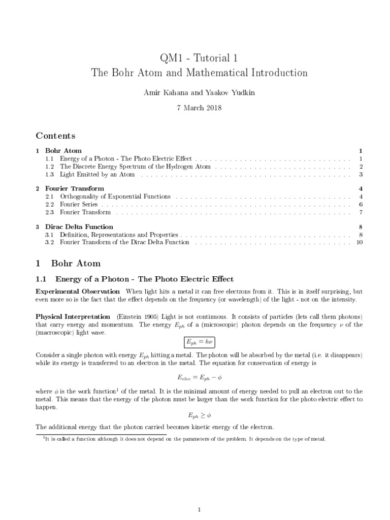 QM 1 Tutorial 1 | PDF | Electron | Atoms