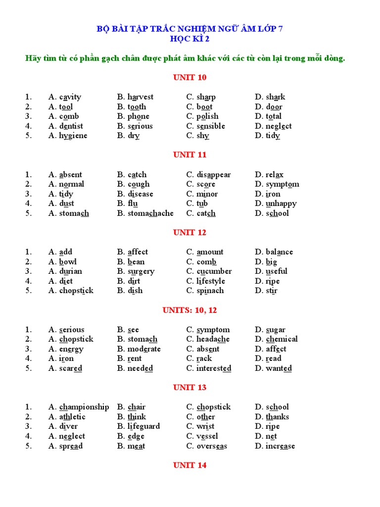 Bai Tap Anh 7 - Hoc Ki 2 - Ngu Am | PDF