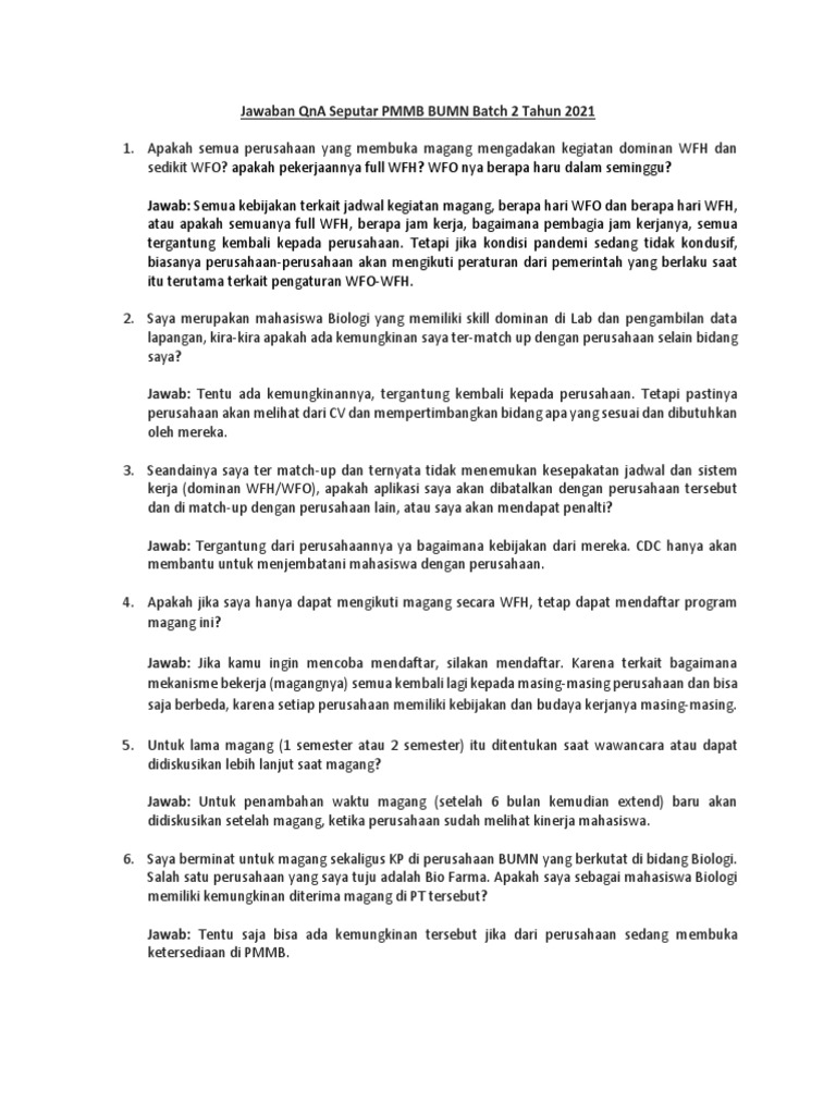 Jawaban QnA Seputar PMMB BUMN Batch 2 Tahun 2021 | PDF
