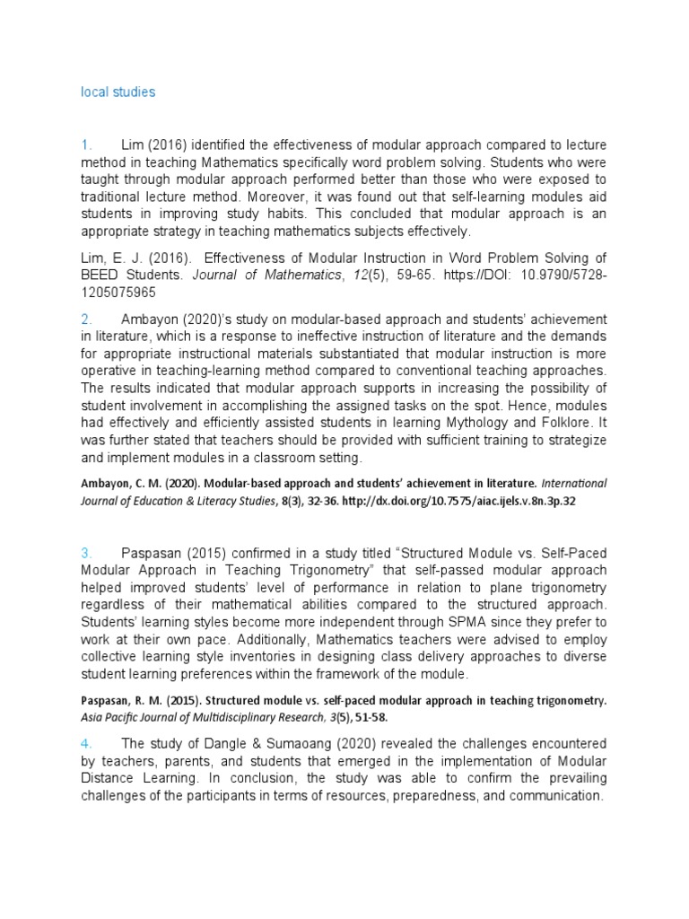 Local Studies: Ambayon, C. M. (2020) - Modular-Based Approach and ...
