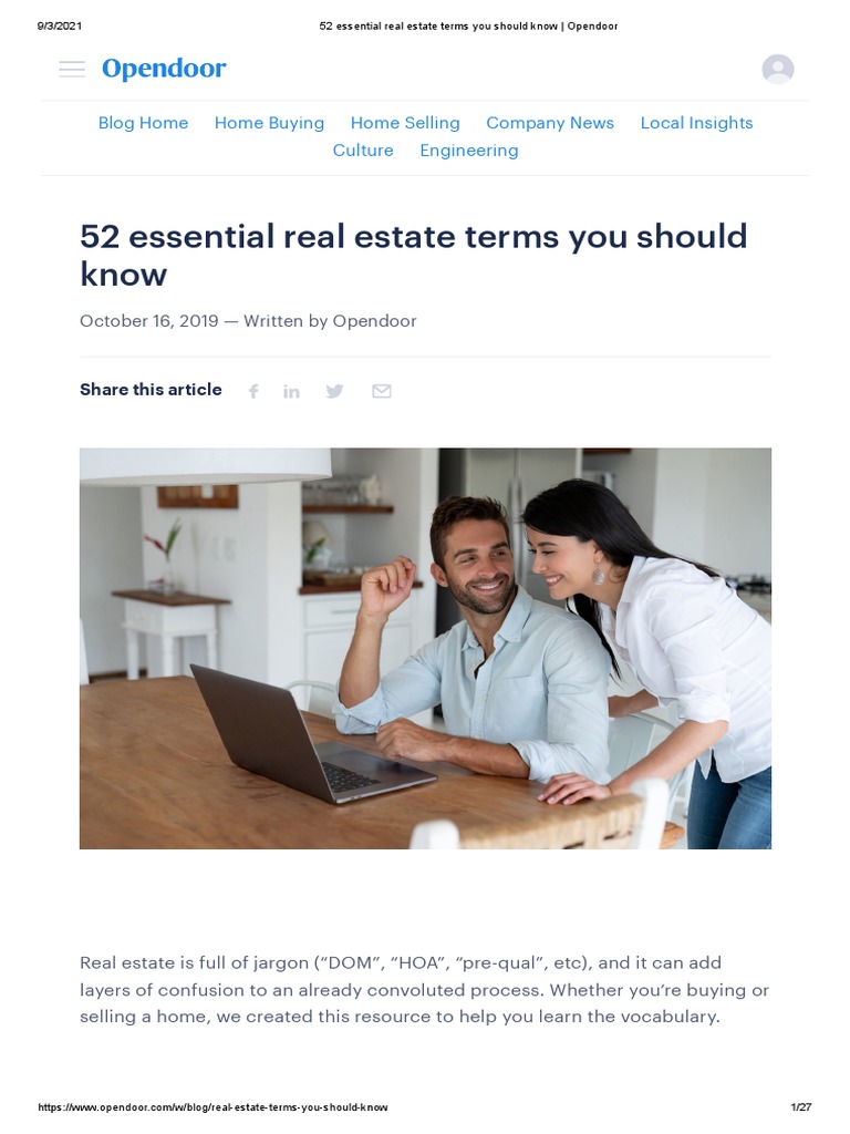 52 Essential Real Estate Terms You Should Know - Opendoor | Download Free PDF | Loans | Real ...