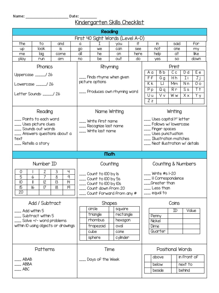Kindergarten Skills Checklist Reading: Name: - Date | PDF | Geometric ...