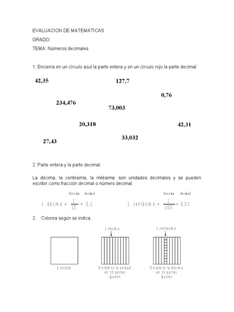 Evaluacion de Matematicas Grado Decimo | PDF | Decimal | División ...
