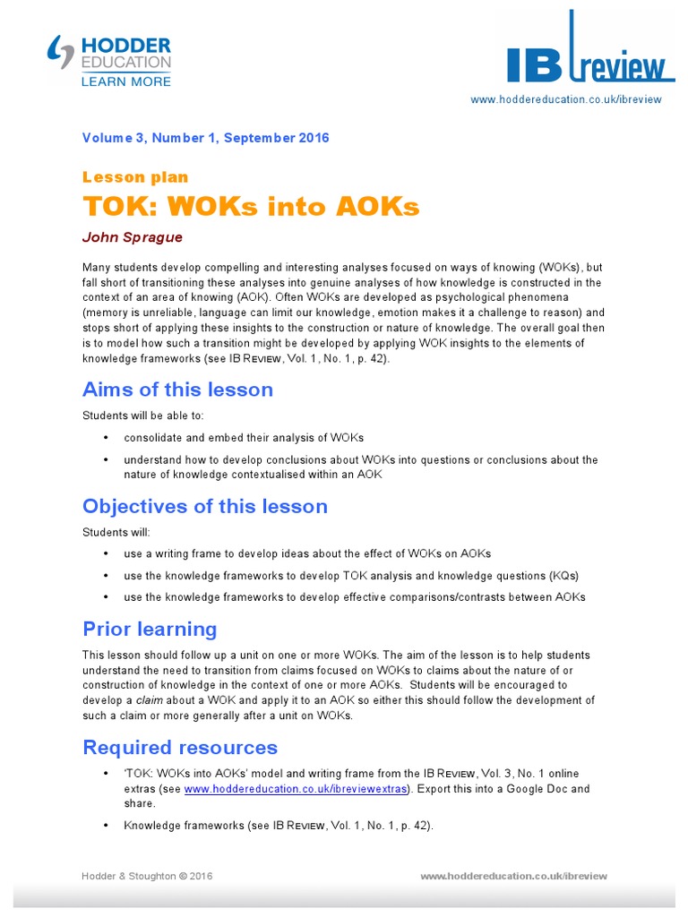 Tok: Woks Into Aoks: Aims of This Lesson | PDF | Knowledge | Cognitive ...