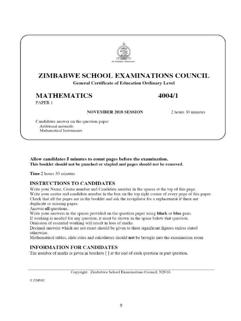 Zimsec O Level Mathematics November 2018 Past Exam Paper 1 .PDF ...