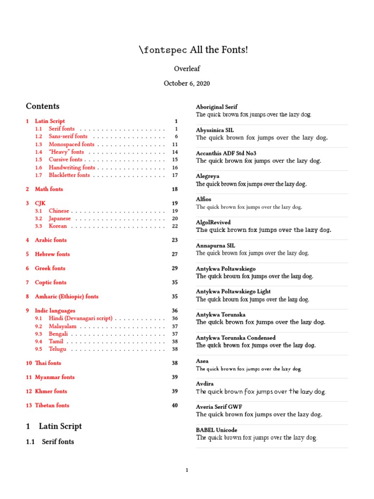 fontspec All The Fonts!: Overleaf October 6, 2020 | Download Free PDF | Typefaces | Writing