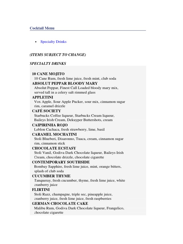 Specialty Cocktail Menu Highlights | PDF