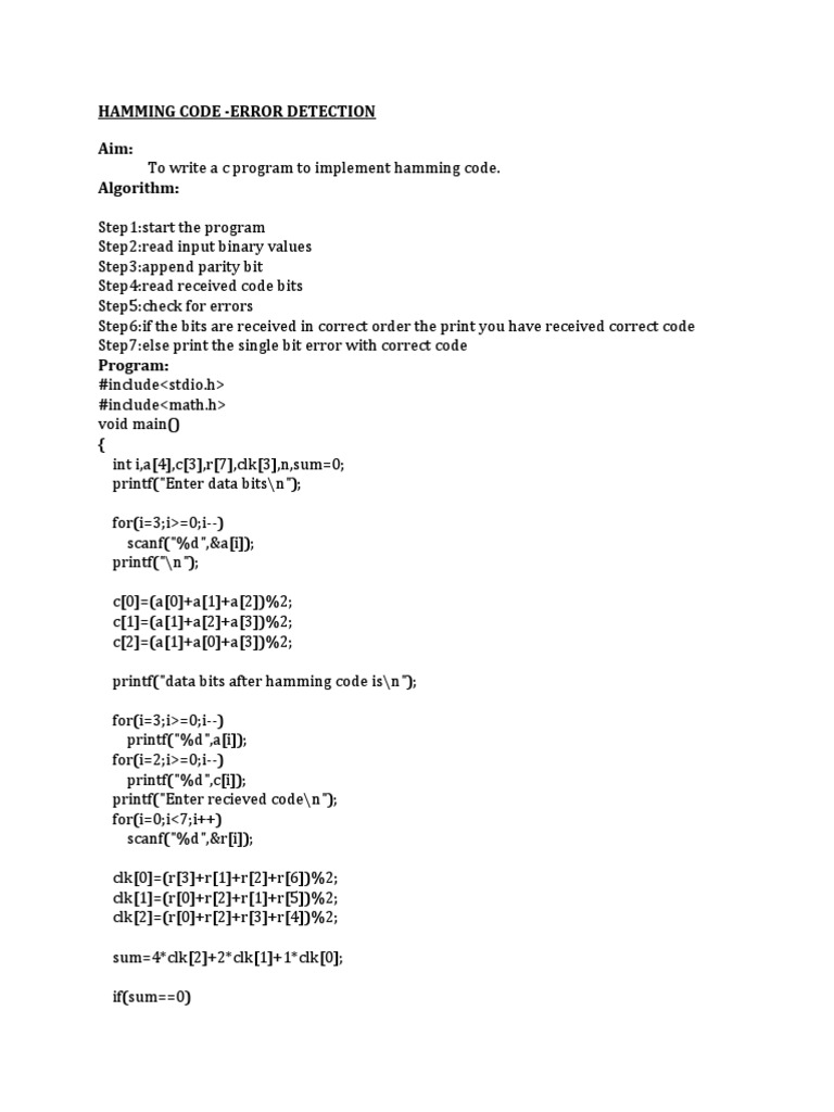 Hamming Code - Error Detection Aim: Algorithm | PDF | Software ...