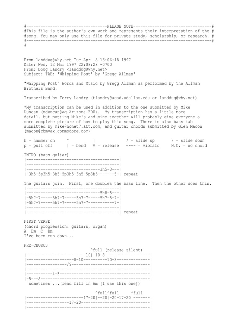 Whipping Post Chords and Tabs Guide | PDF | Song Structure | Guitars