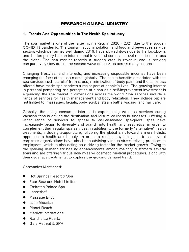 Assessment 3 Updated Research Spa Industry | PDF | Spa | Tourism