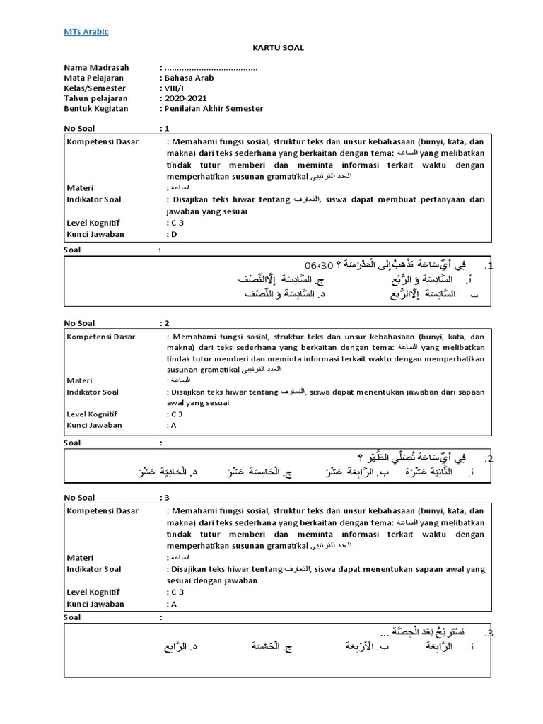 Kartu Soal Bahasa Arab Kelas VIII Tahun Pelajaran 2020-2021 Semester Ganjil Fix | PDF