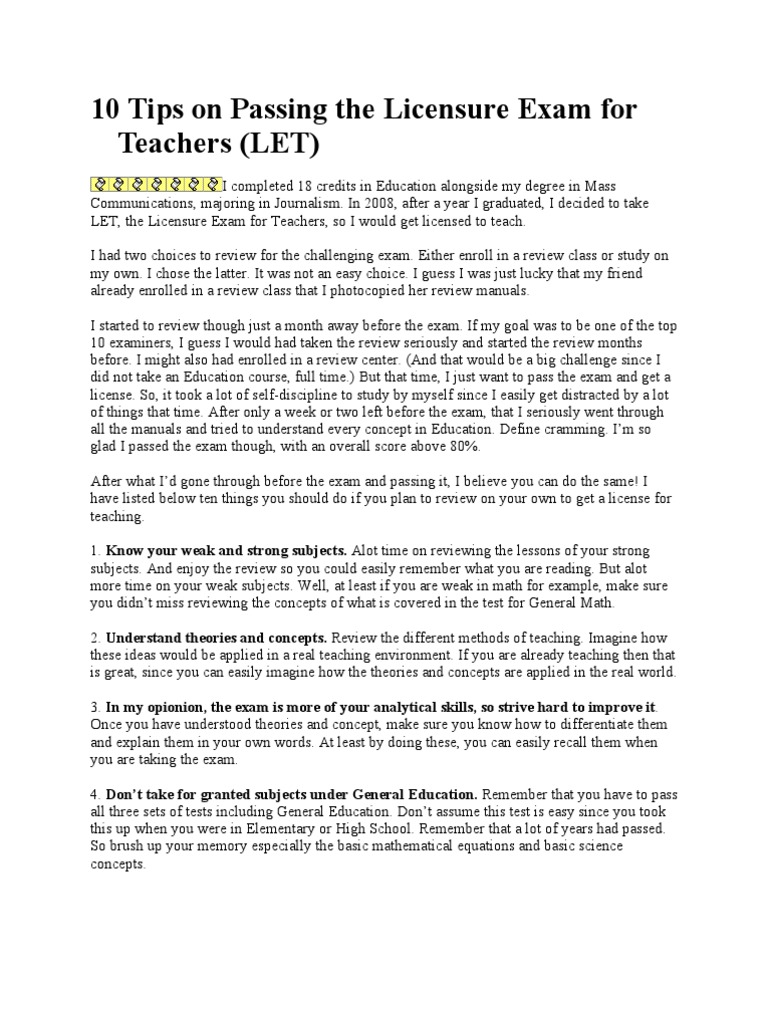 Tips for Passing the LET Exam | PDF | Test (Assessment) | Concept