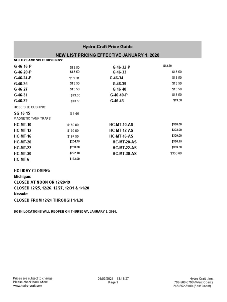 Hydro-Craft Price Guide New List Pricing Effective January 1, 2020 ...
