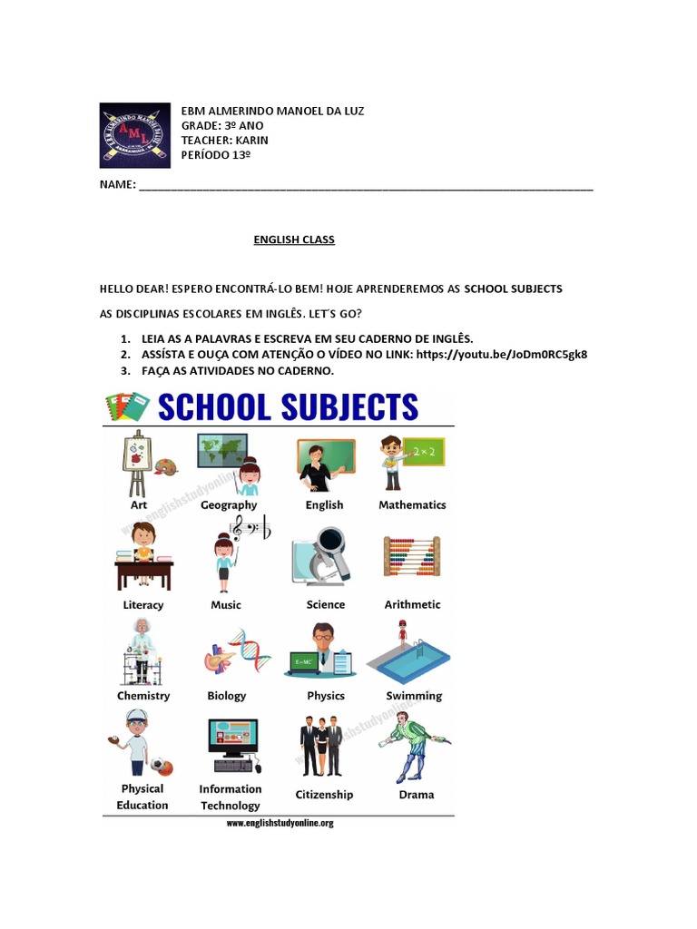 Atividades de Inglês: Disciplinas Escolares | PDF