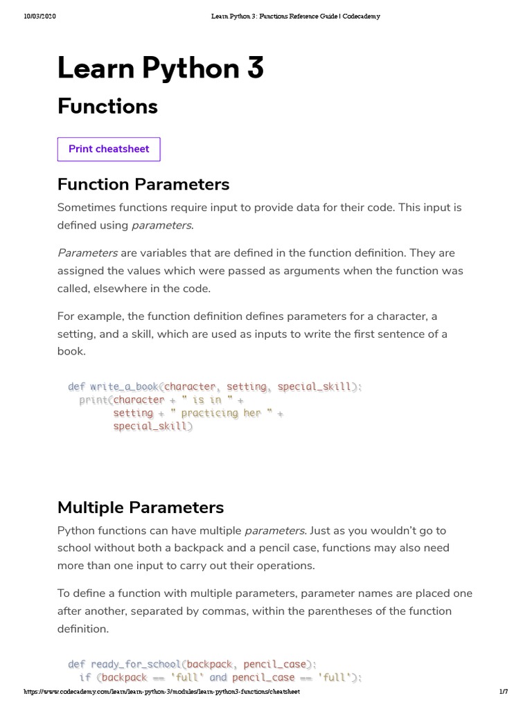 Learn Python 3 - Functions Reference Guide - Codecademy | PDF | Parameter (Computer Programming ...