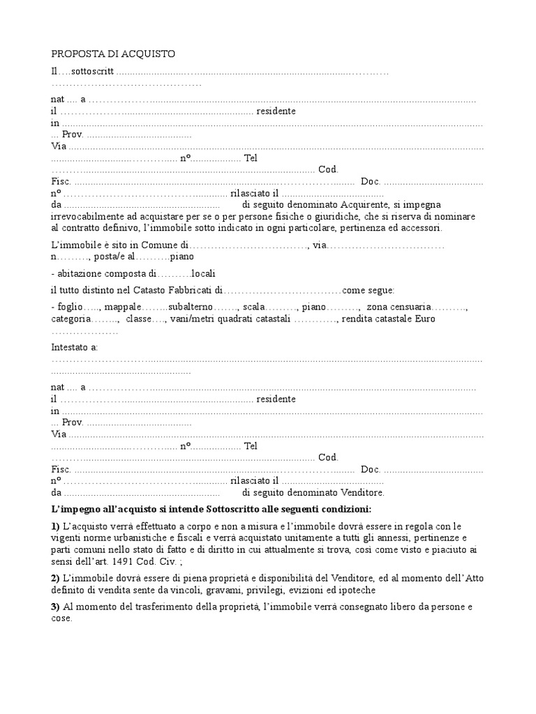 Proposta Acquisto Immobile Tra Privati Vincolata Al Mutuo | PDF