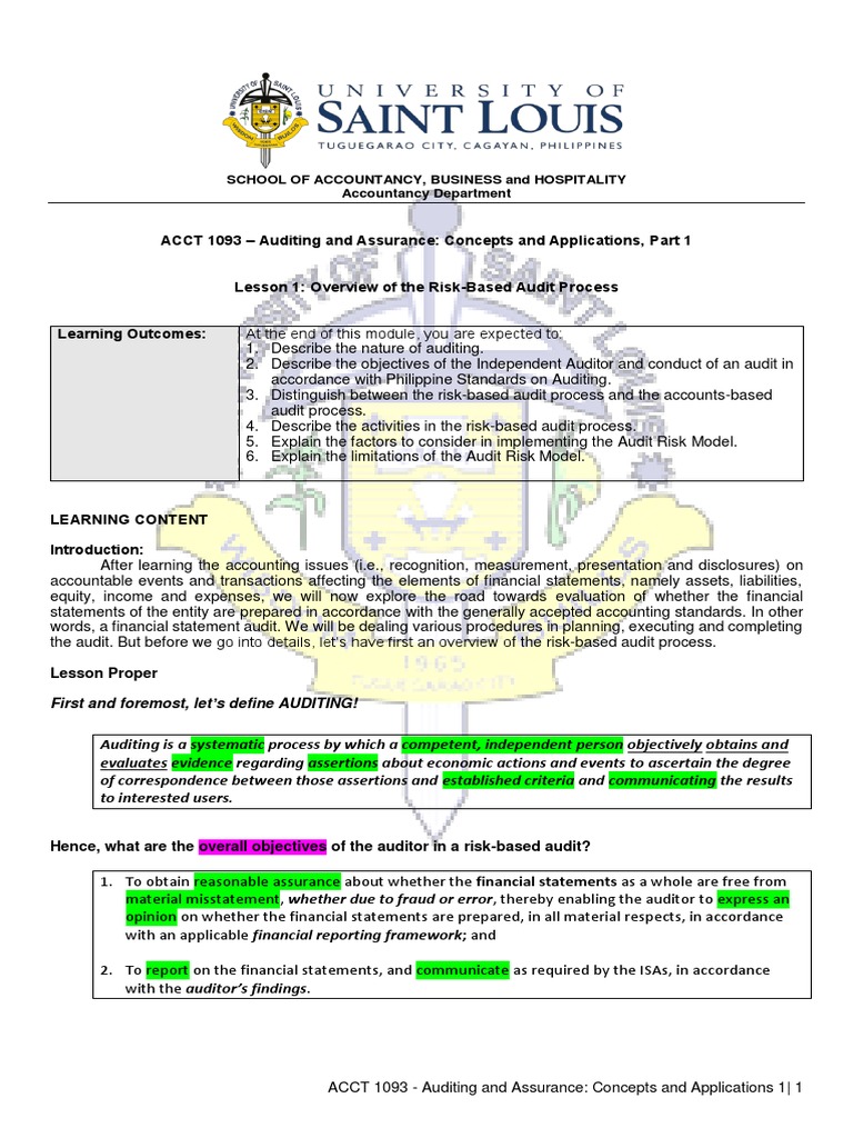 Lesson 1 - Overview of The Risk-Based Audit Process | PDF | Audit | Financial Audit