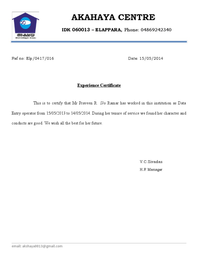 Experience Certificate for Praveen R S documenting his role as a Data ...