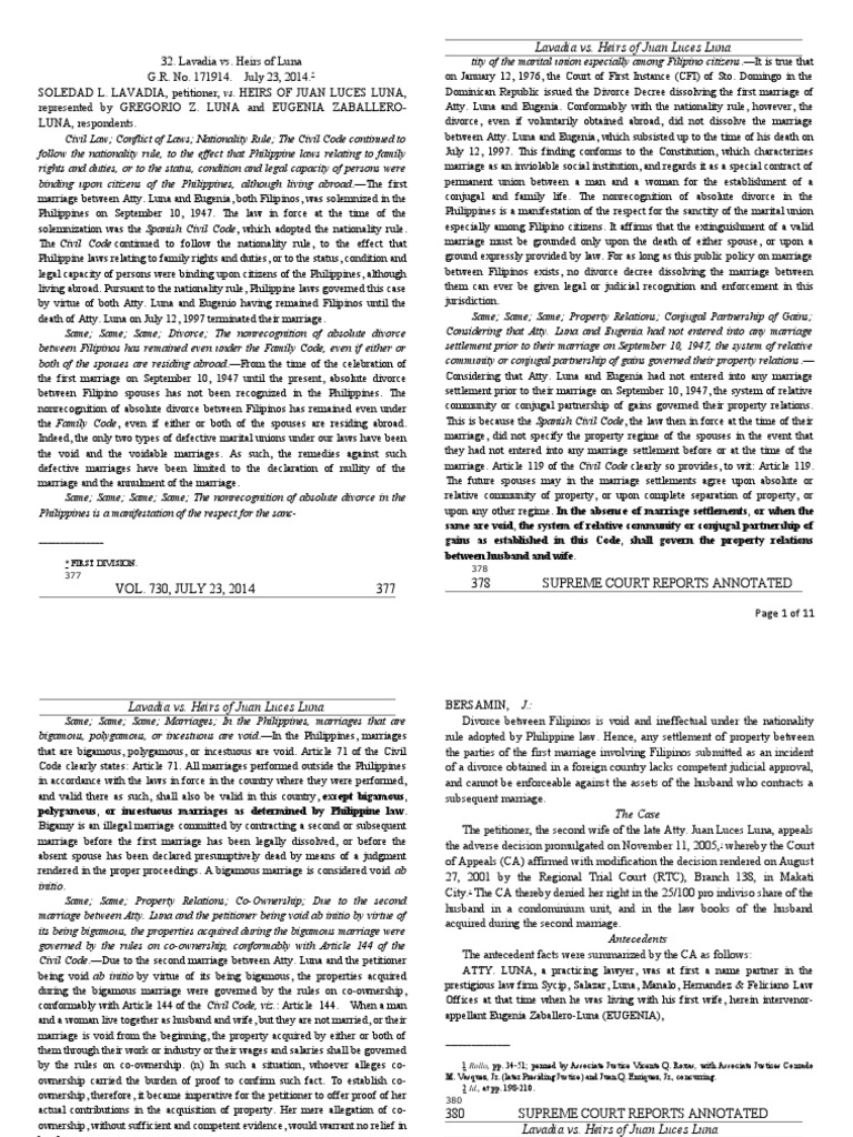 Lavadia vs. Heirs of Luna | PDF | Annulment | Marriage