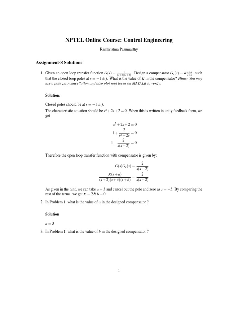 Week 8 Assignment And Solutions Pdf Electrical Engineering Systems Theory