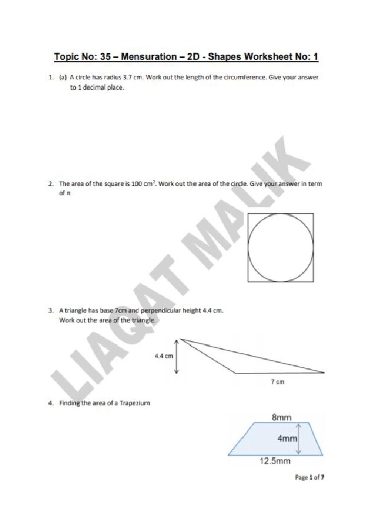 Mensuration - 2D - Worksheet No - 1 | PDF