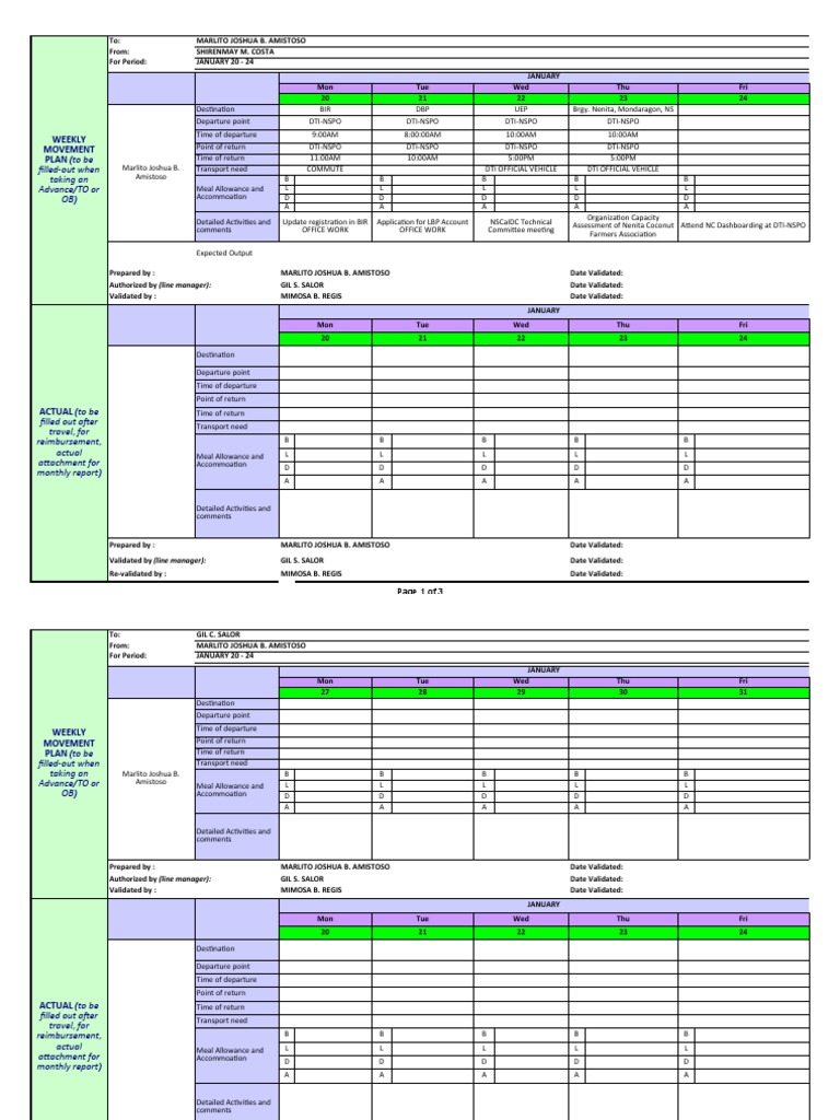 Weekly Movement PLAN (To Be: Filled-Out When Taking An Advance/TO or OB ...