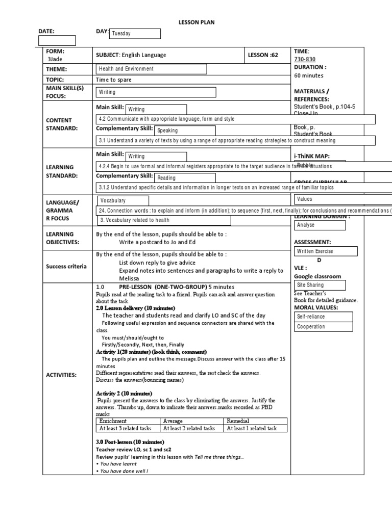 LESSON - PLAN - Close Up Unit 8time To Spare Writing A Postcard pg104 ...