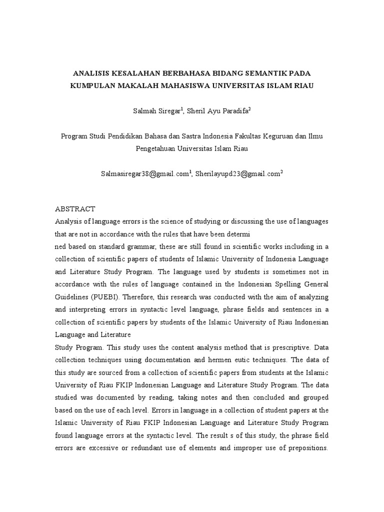 Analisis Kesalahan Berbahasa Bidang Semantik Pada Kumpulan Makalah Mahasiswa Universitas Islam ...