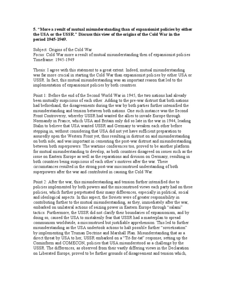Origins of Cold War QN 5 Essay Outline | PDF | Cold War | World War II
