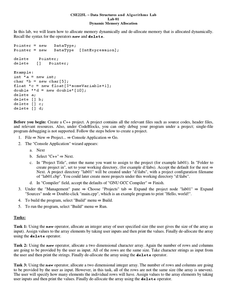 Cse225L-Datastructures and Algorithms Lab Lab 01 Dynamic Memory Allocation | Download Free PDF ...