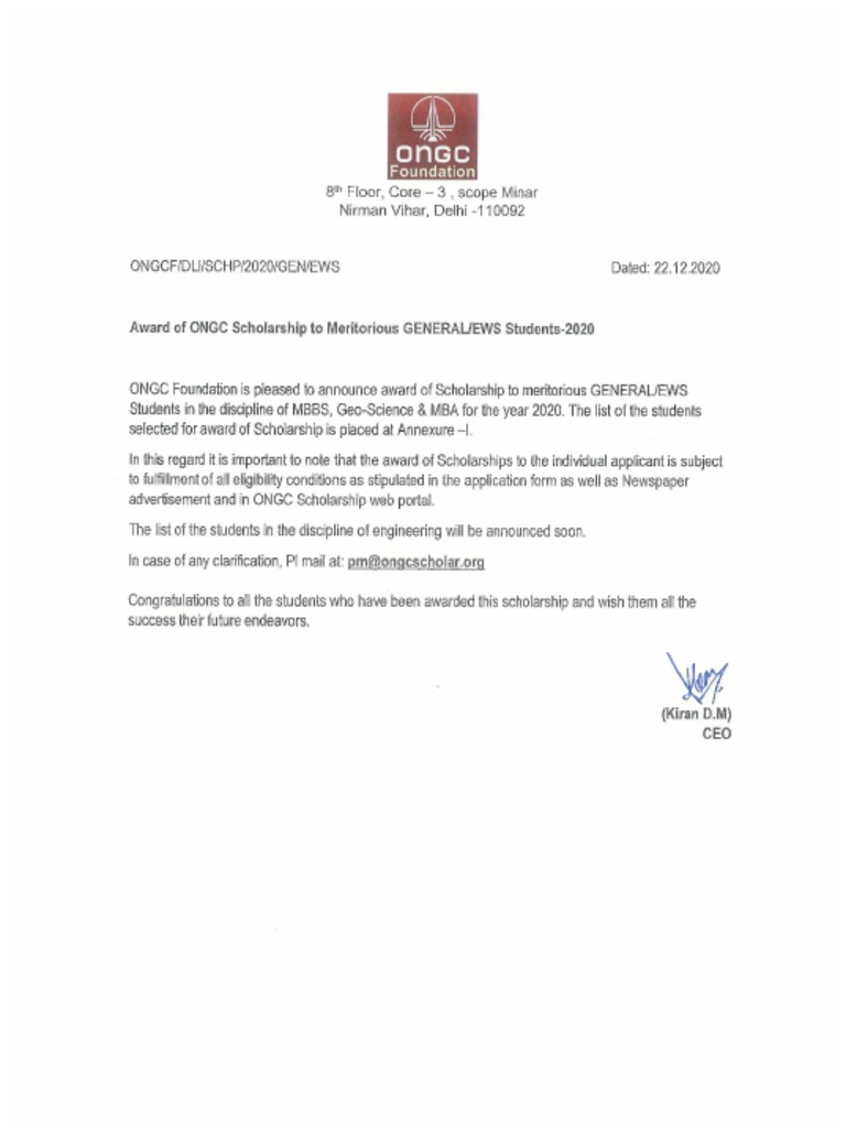 Award of ONGC Scholarship To Meritorious General EWS Student 2020 (MBBS ...
