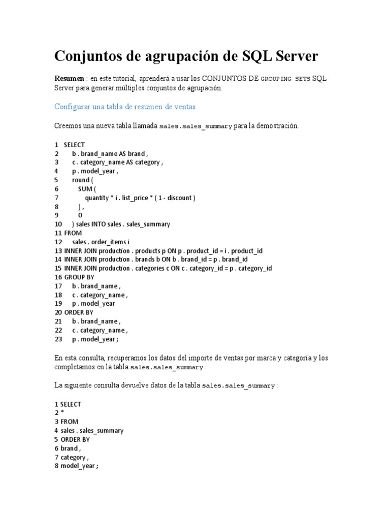 Conjuntos de Agrupación de SQL Server | PDF | SQL | Servidor SQL de Microsoft