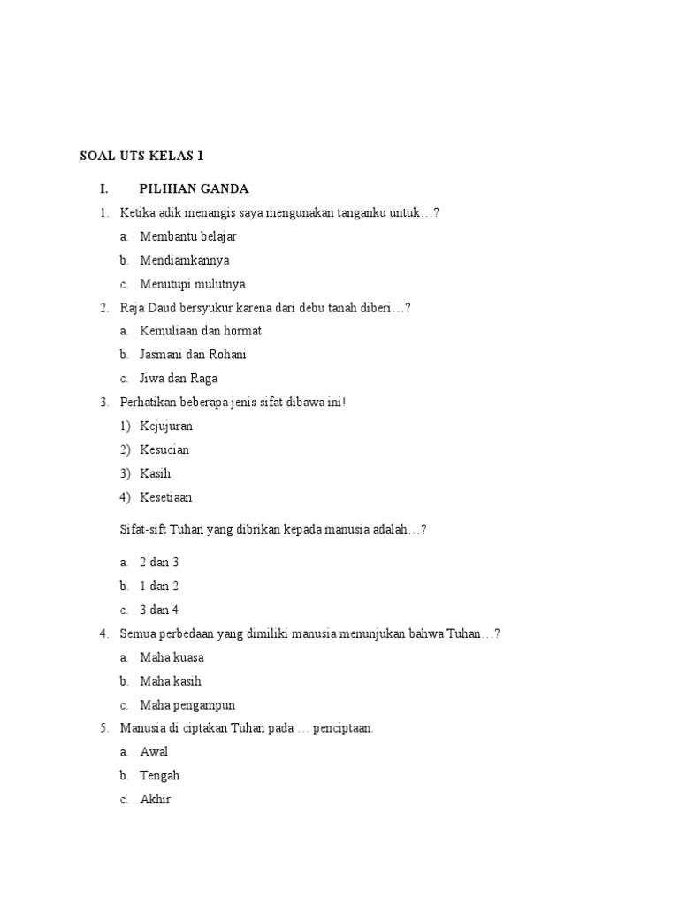 Soal UTS Kelas 1: Pilihan Ganda dan Isian | PDF