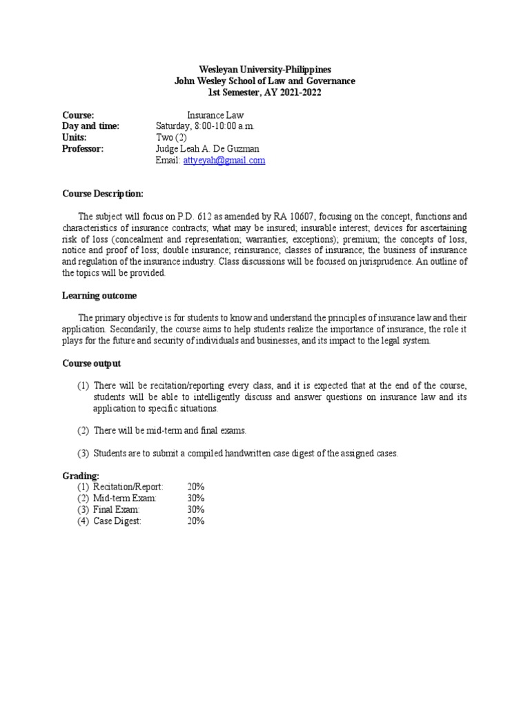 Course Outline Insurance AY21 | PDF | Insurance | Surety