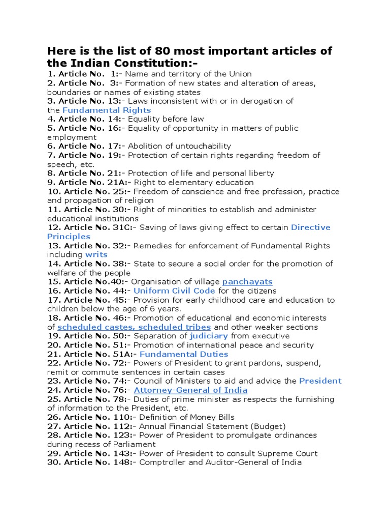 Here Is The List of 80 Most Important Articles of The Indian ...
